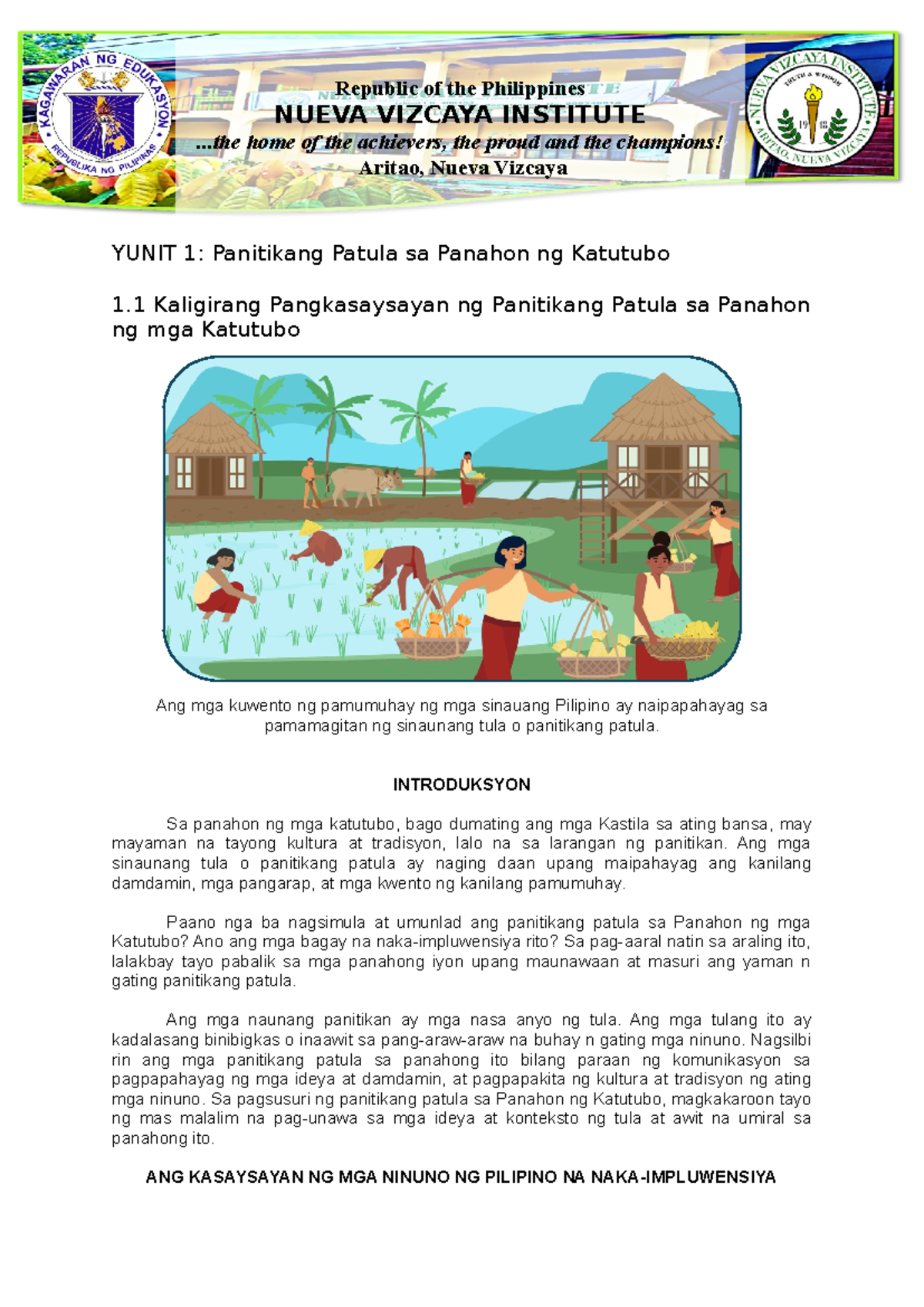 1 - FILIPINO YUNIT 1: Panitikang Patula sa Panahon ng Katutubo - Studocu