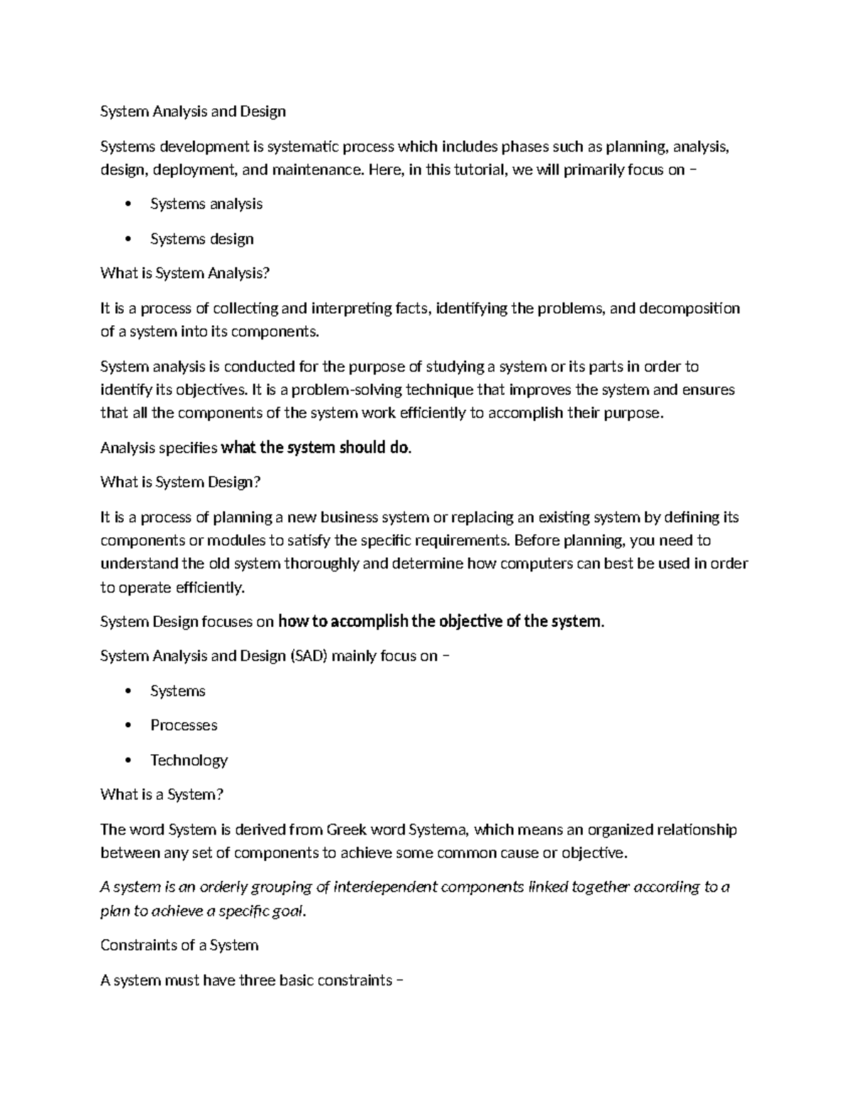 System Analysis and Design (SAD) Course Syllabus Overview - Studocu