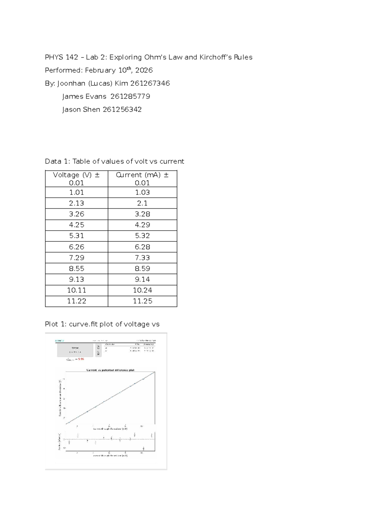 PHYS 142 Lab 2 Report: Voltage, Current, and Resistance Analysis - Studocu