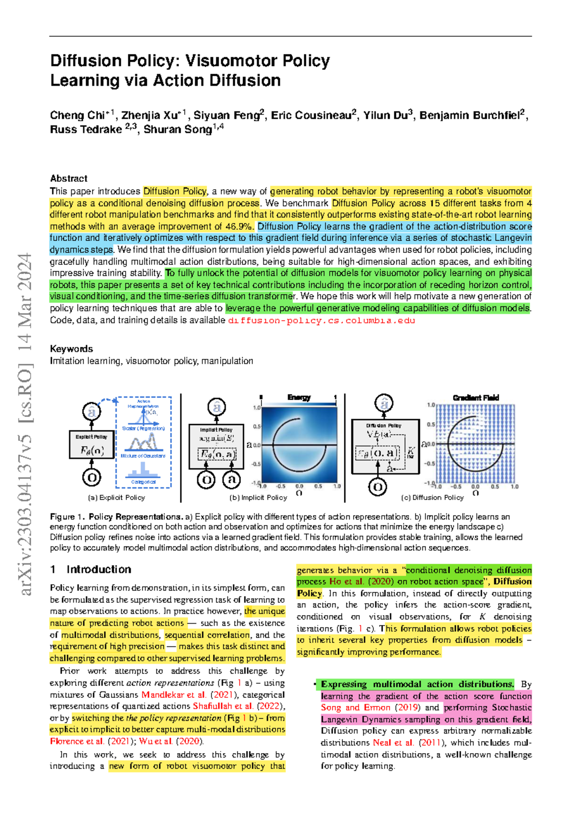 Diffusion Policy: Visuomotor Learning via Action Diffusion (CS 2024) - Studocu
