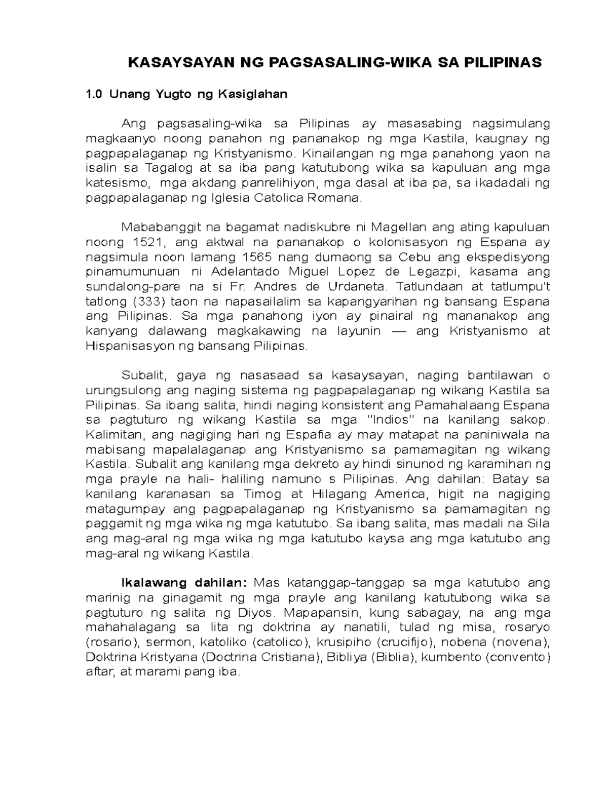 Kasaysayan ng Pagsasaling-Wika sa Pilipinas: Unang Yugto (KEL101) - Studocu