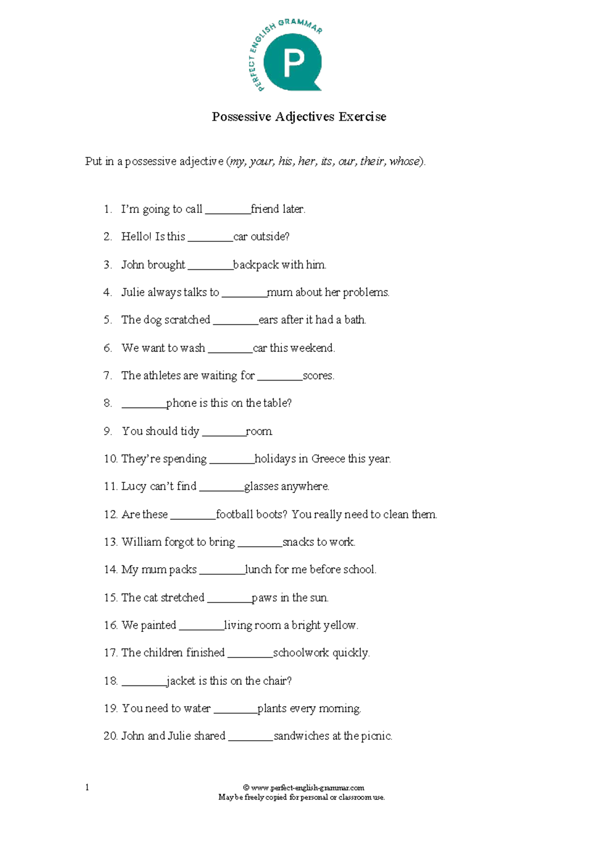 Possessive Adjectives Exercise: Fill in the Blanks - Studocu