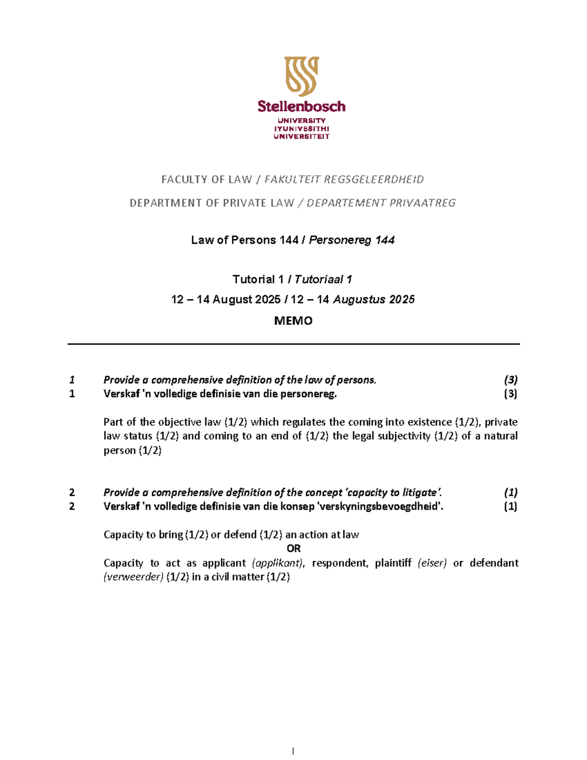 Law of Persons 144 Tutorial 1 Memo (2025) - Comprehensive Definitions ...