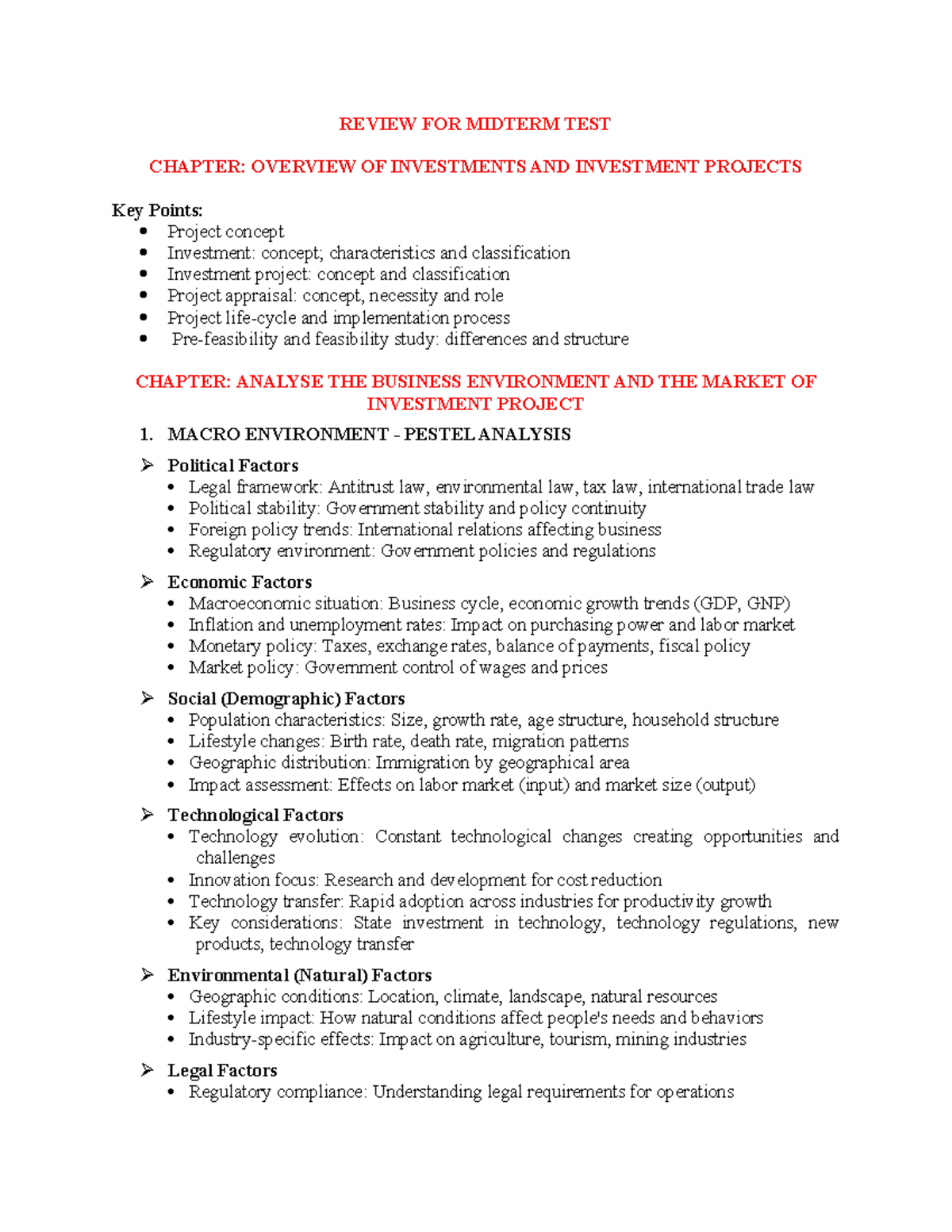REVIEW FOR MIDTERM TEST: INVESTMENTS & BUSINESS ENVIRONMENT ANALYSIS ...