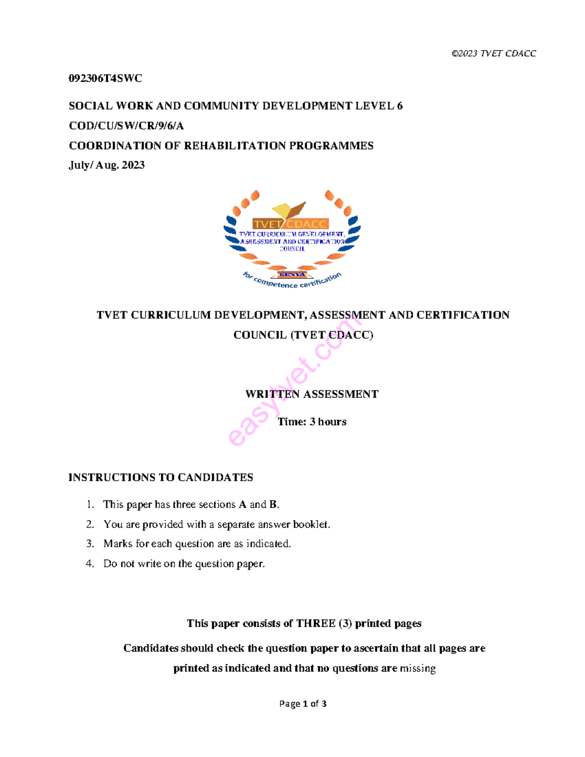 TVET CDACC 092306T4SWC Level 6 Social Work Rehab Program Assessment Aug ...