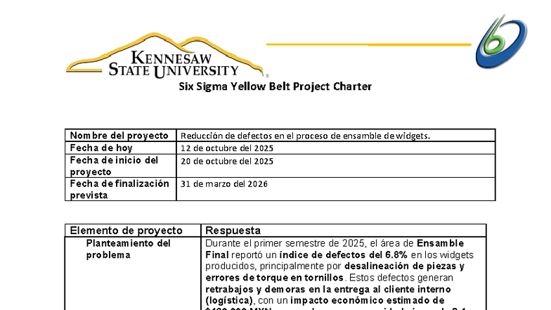 Six Sigma Yellow Belt Project Charter: Reducción de Defectos en ...
