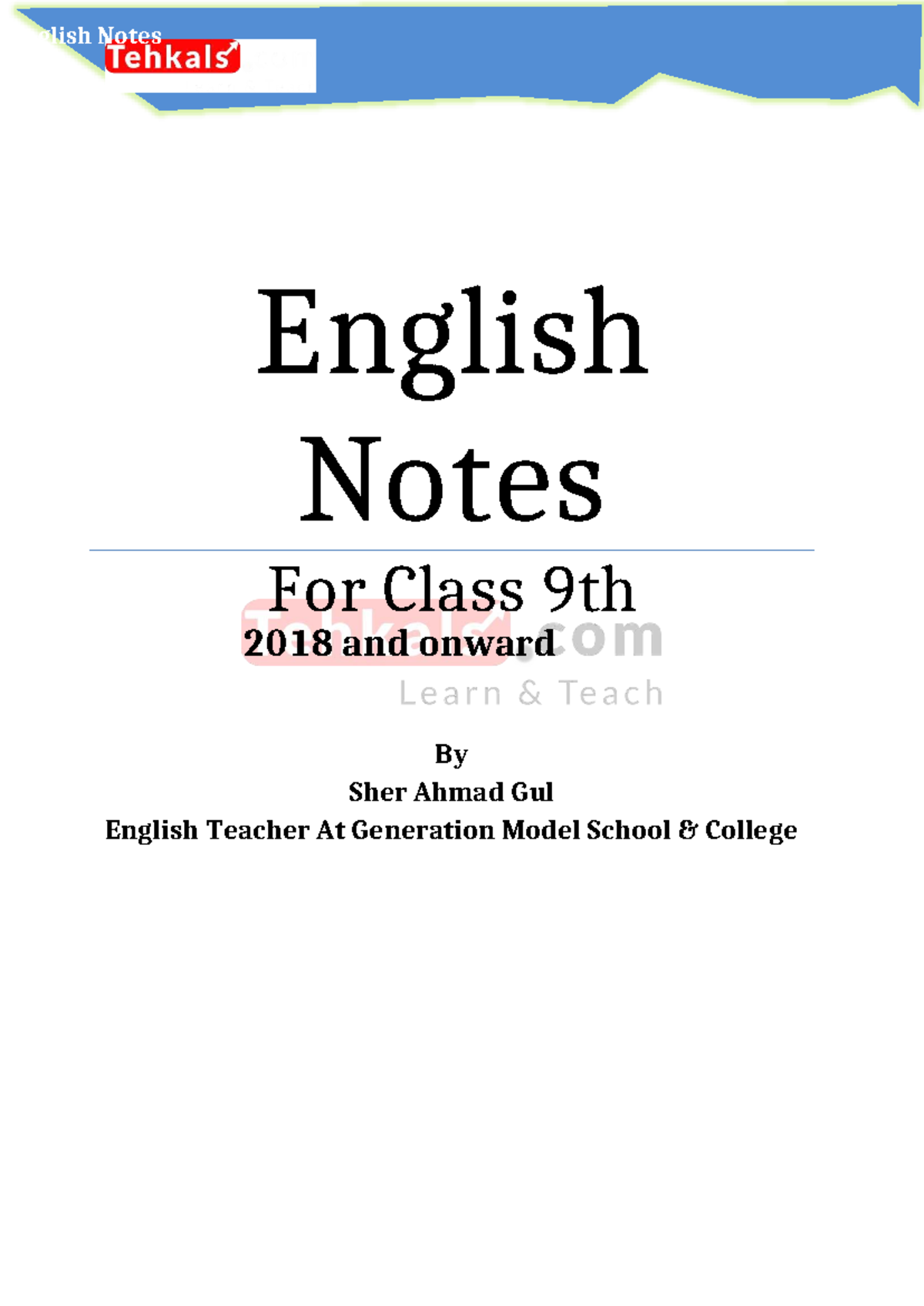 English Notes for Class 9 (2018 Onward) - Tehkal - Studocu