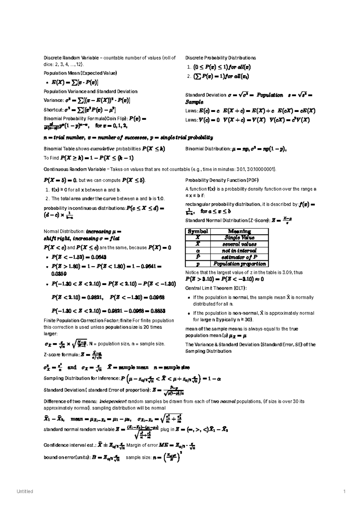 Test 1 Cheat Sheet: Discrete & Continuous Random Variables (STAT 101 ...