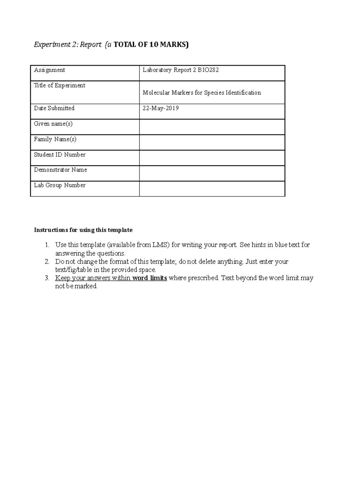 Laboratory Report 2 Template for BIO282: Experiment 2 Guidelines - Studocu