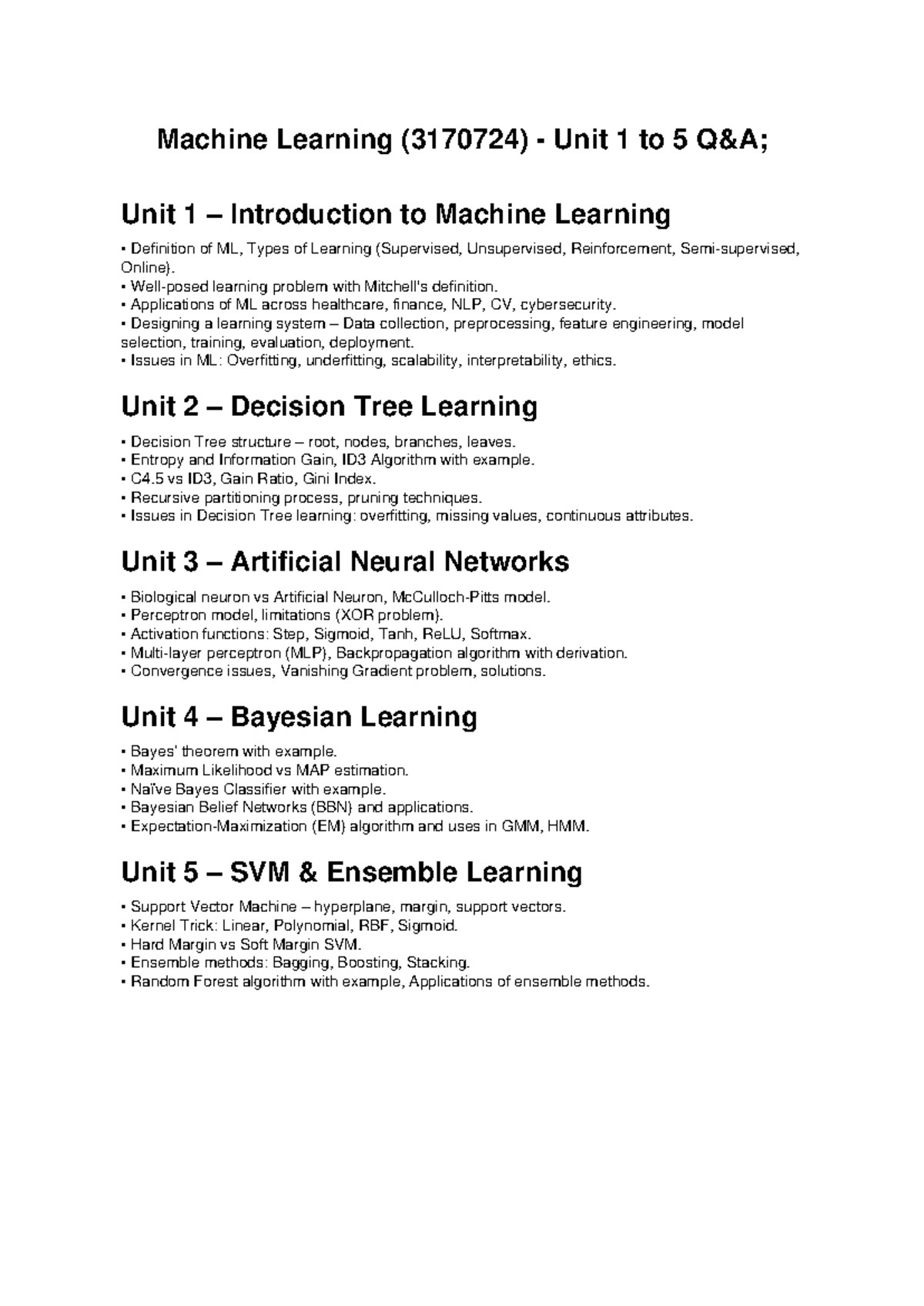 Machine Learning (3170724) Units 1-5 Overview and Key Concepts - Studocu