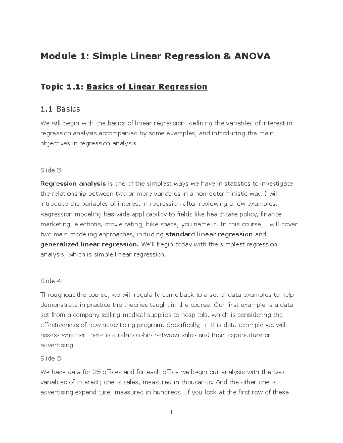 Module 1: Simple Linear Regression Basics and Applications - Studocu