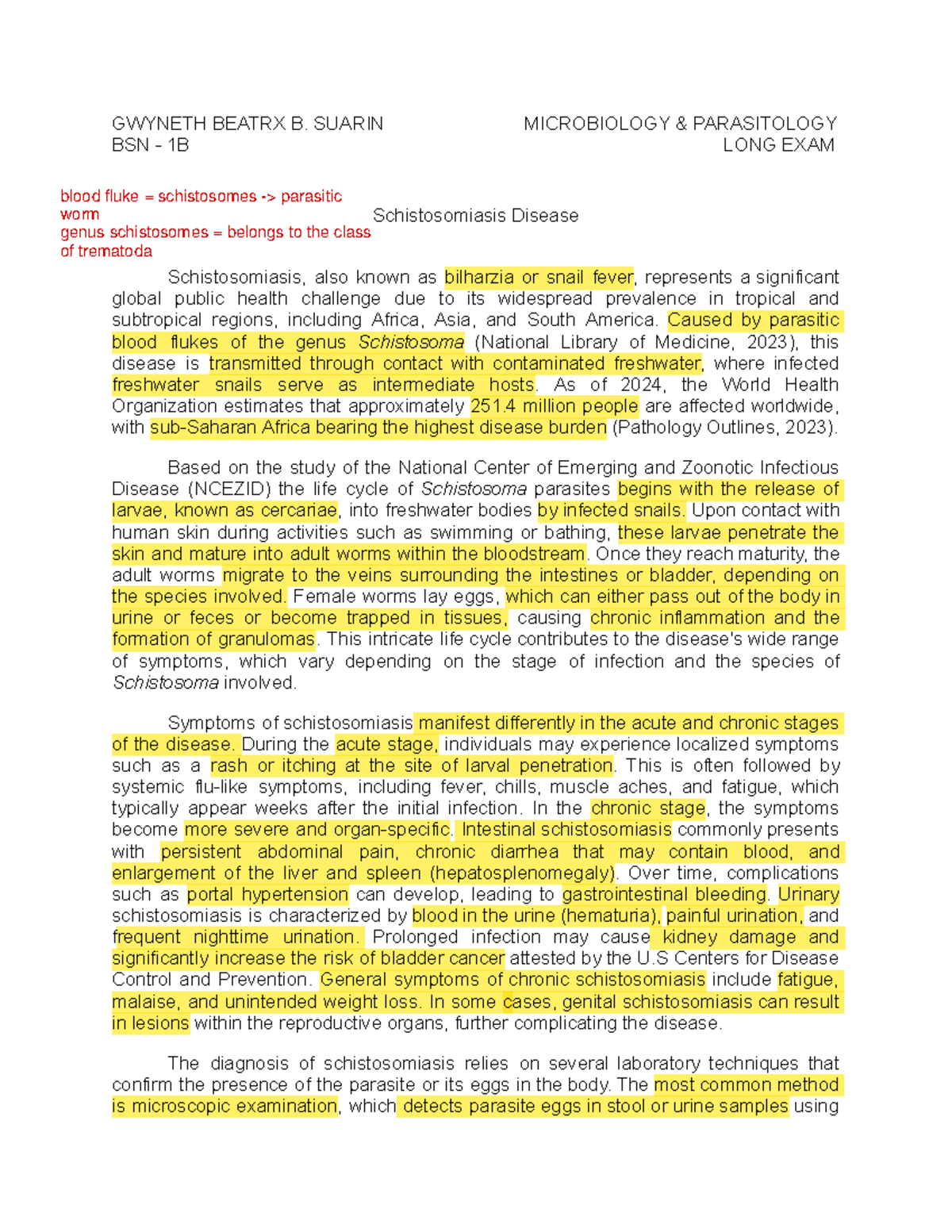 BSN - 1B Microbiology Long Exam: Schistosomiasis Overview and ...