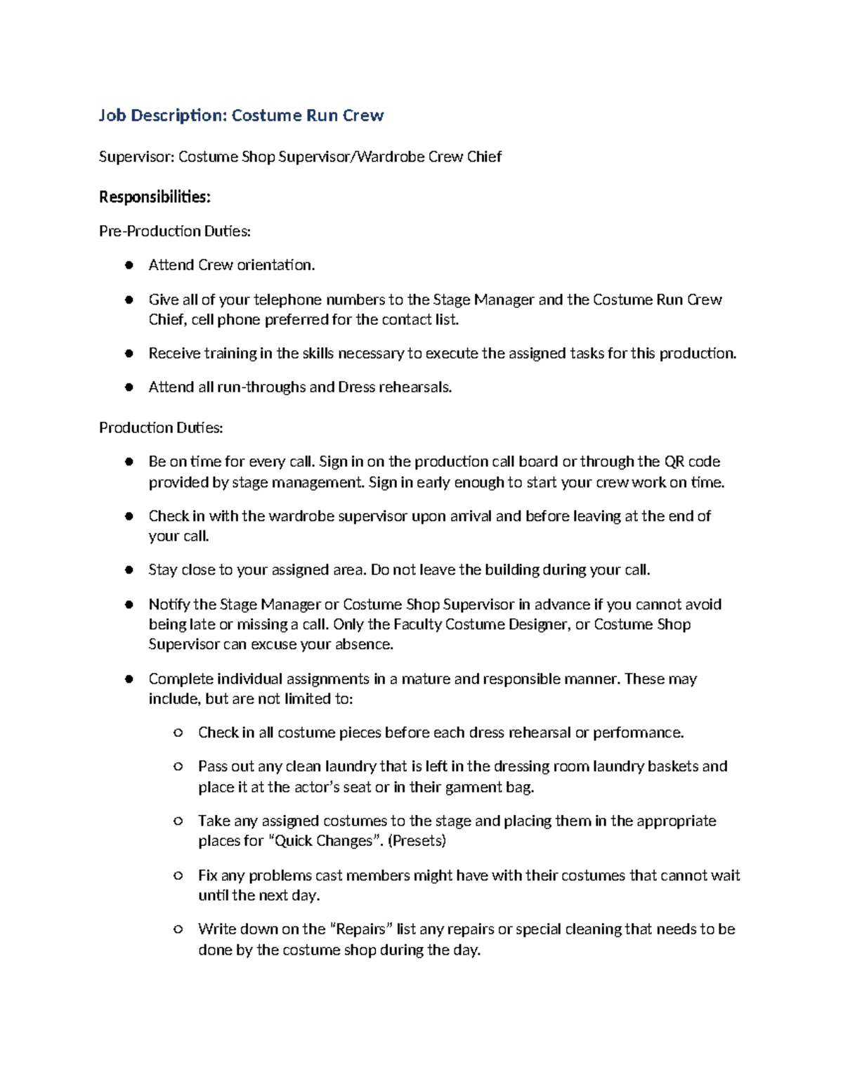 Costume Run Crew Supervisor Job Description & Responsibilities - Studocu