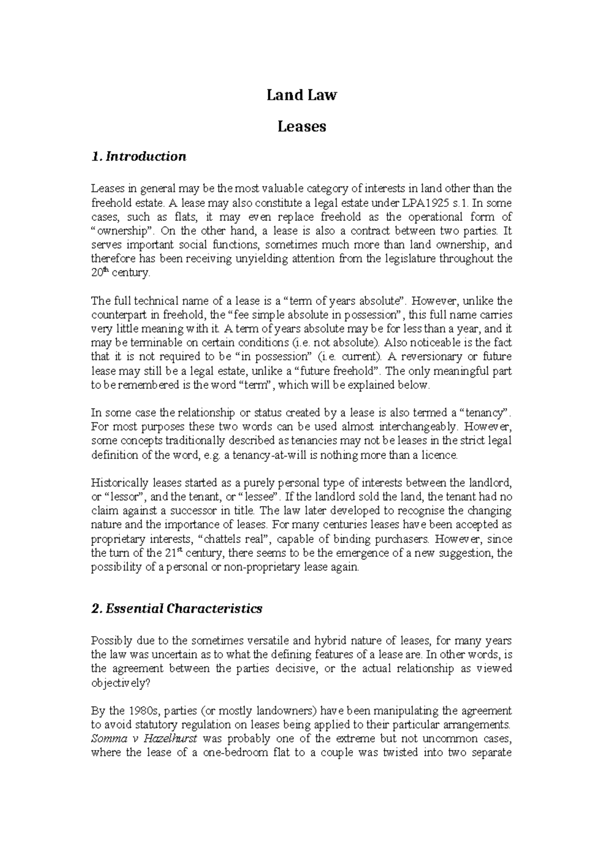 Land Law (LLB) Lecture Notes: Understanding Leases and Their ...
