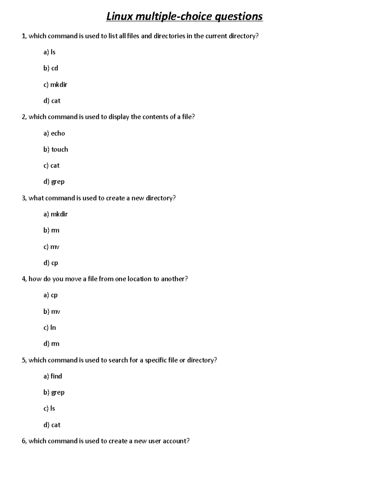 Linux Commands Quiz - Multiple Choice Questions - Studocu