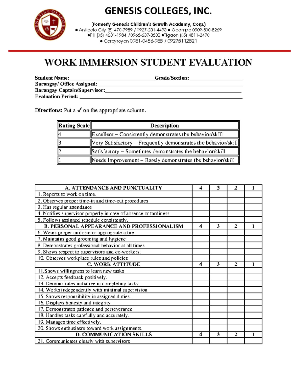GEN 101: Work Immersion Student Evaluation Form - Studocu