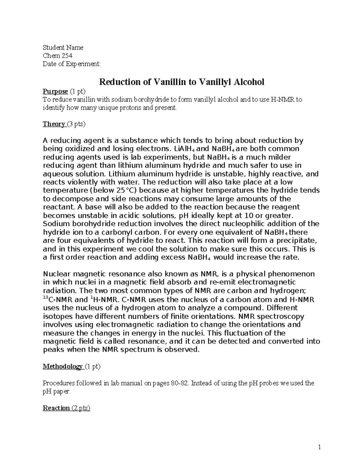 Reduction of Vanillin to Vanillyl Alcohol: Chem 254 Lab Experiment ...