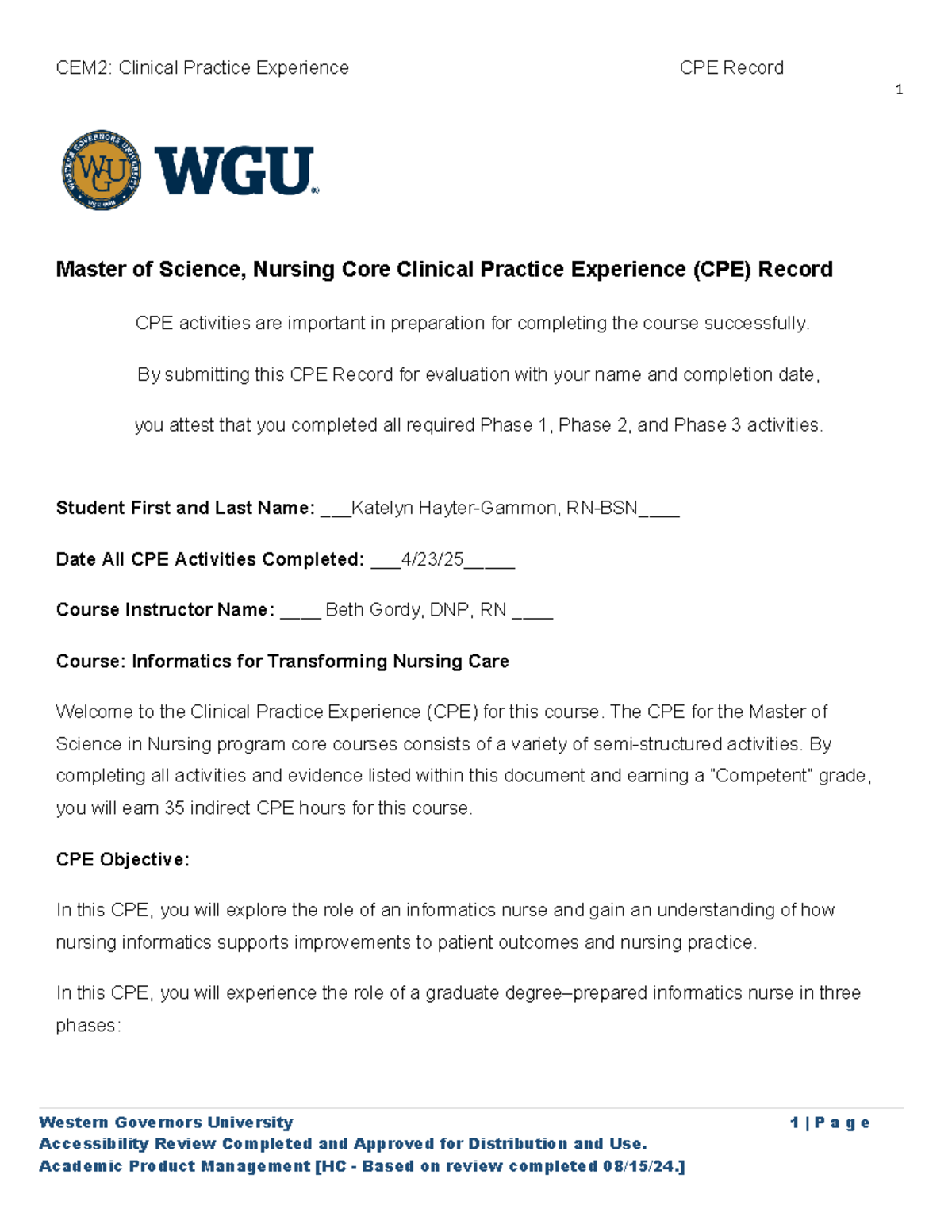 CEM2: Clinical Practice Experience CPE Record for Nursing Informatics - Studocu