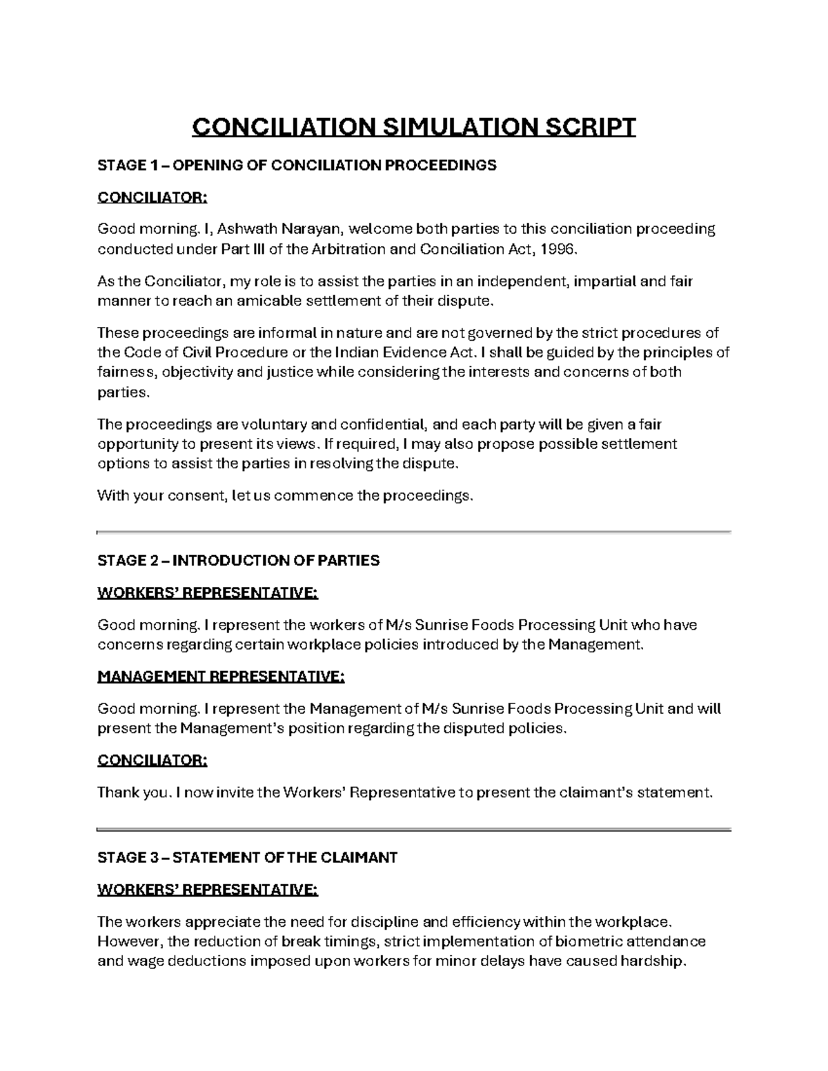 Conciliation Simulation Script: Stage 1 to 8 Overview - Studocu