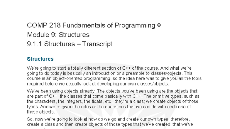 COMP 218 M9: Introduction to Structures in Programming - Studocu