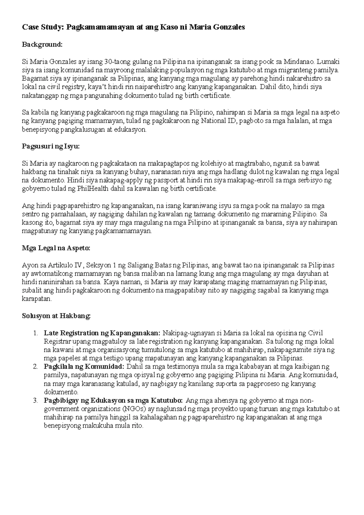 Case Study: Pagkamamamayan ni Juan Dela Cruz sa Pilipinas (Grade 10) - Studocu