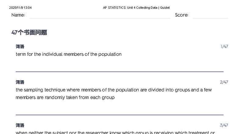 AP STATISTICS 13:04: Unit 4 Collecting Data Quizlet Definitions - Studocu