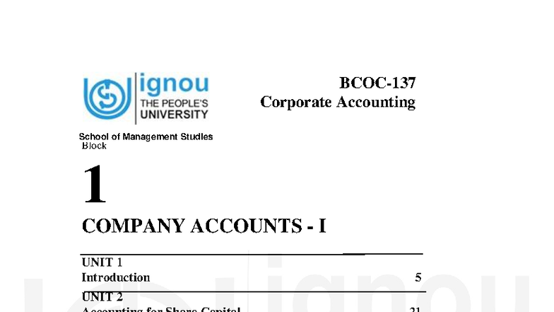 Corporate Accounting (School of Management Studies) - Block 1: Company ...