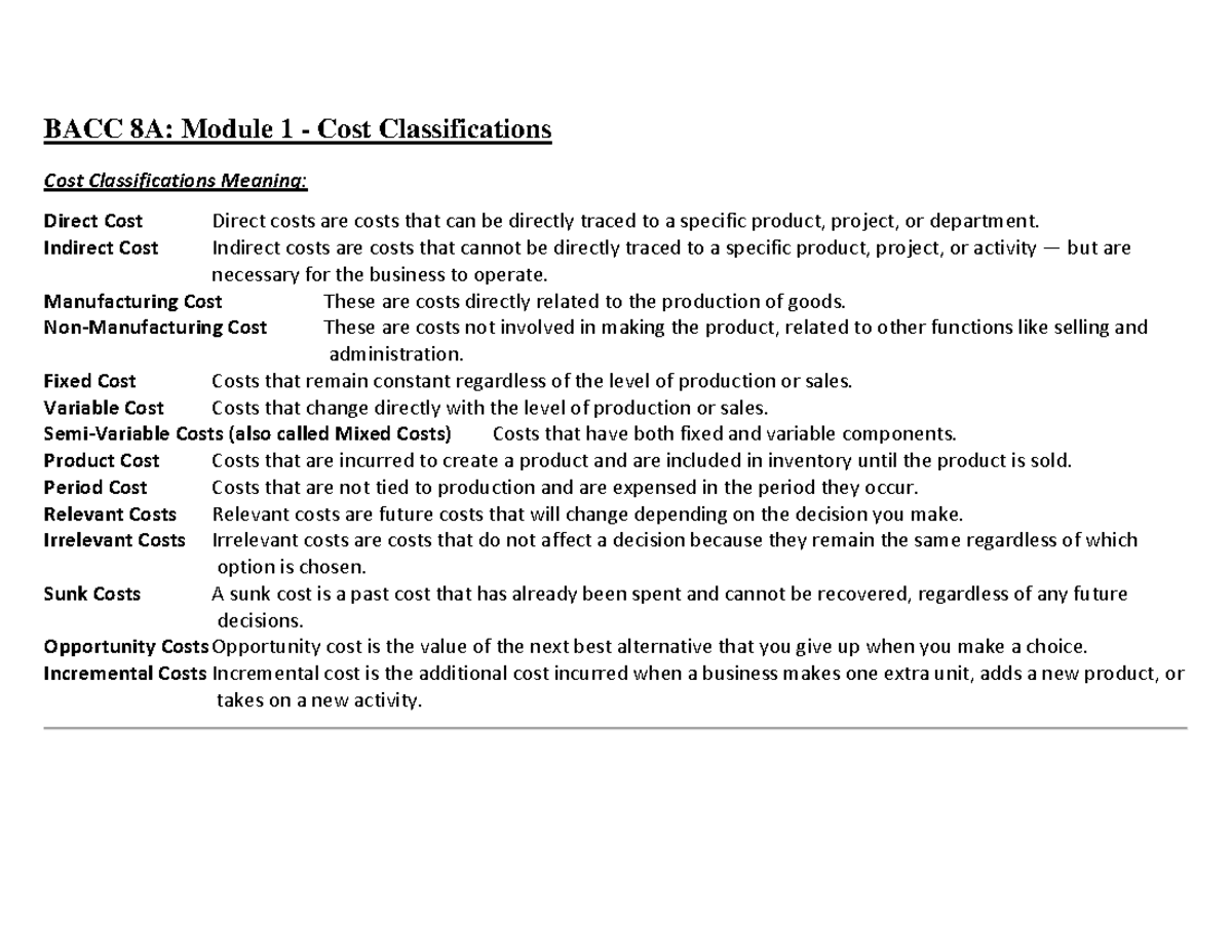 BACC 8A: Module 1 - Cost Classifications Explained - Studocu