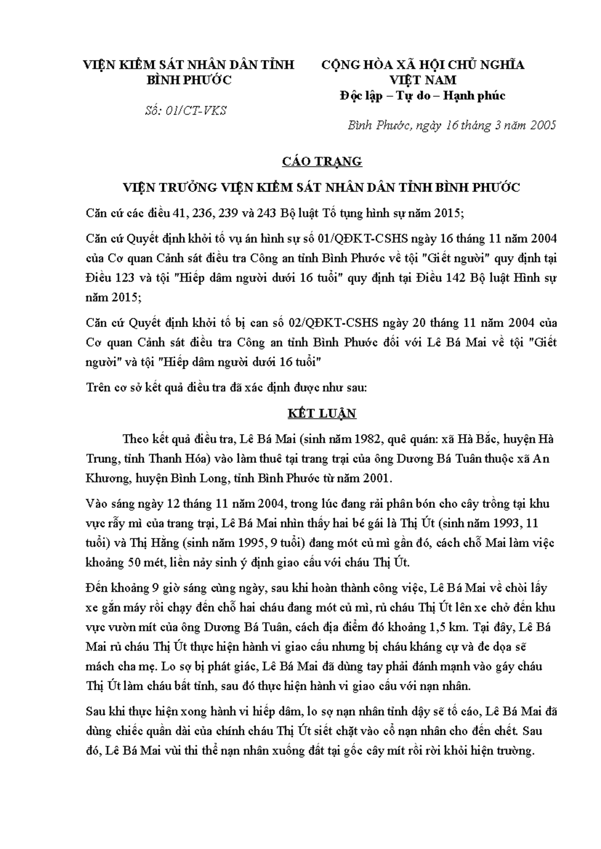 CÁO TRẠNG VỀ HÀNH VI CỦA LÊ BÁ MAI - TỘI HIẾP DÂM VÀ GIẾT NGƯỜI - Studocu