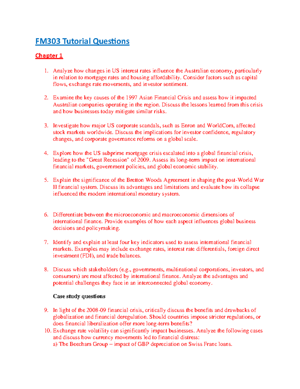 FM303 Tutorial Questions on International Finance and Crises Analysis ...