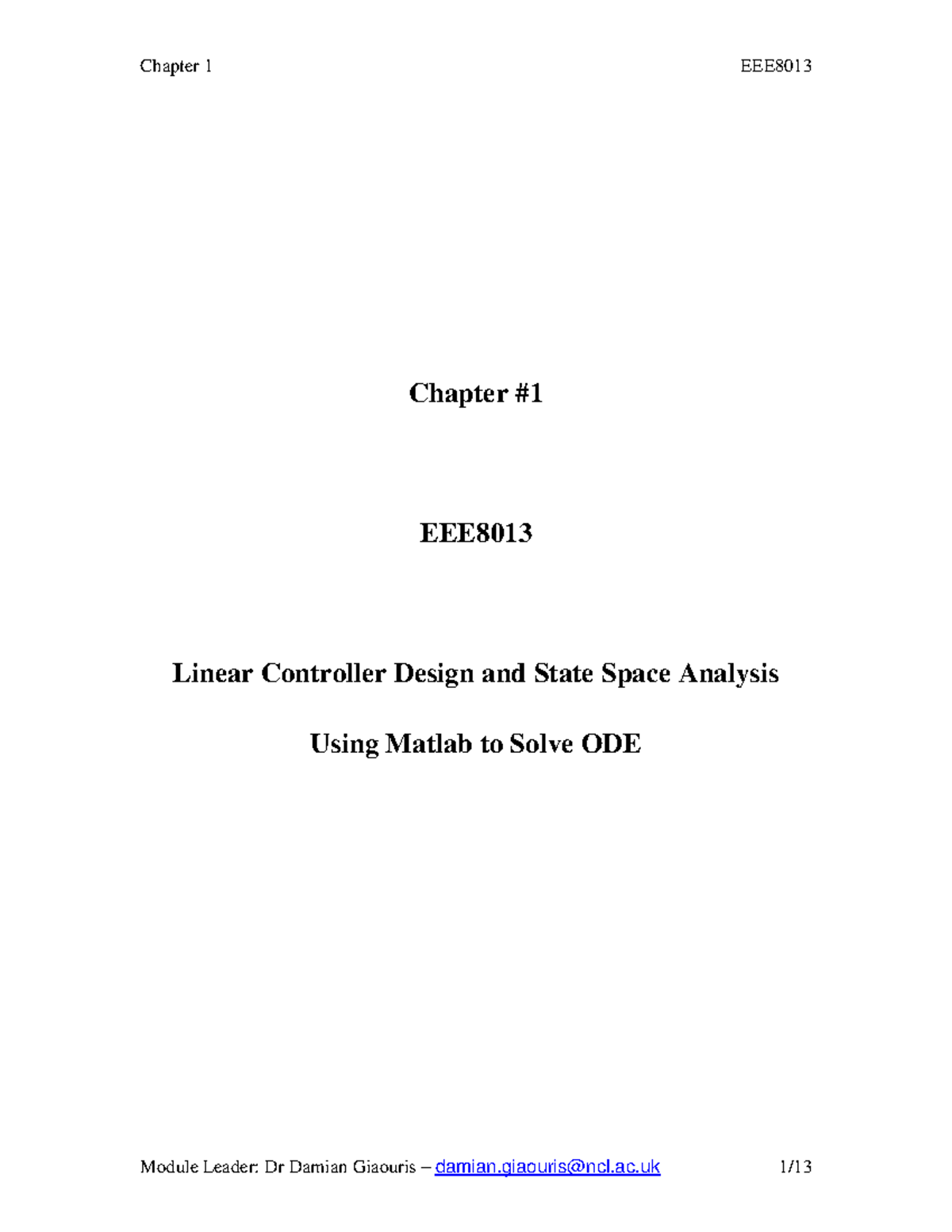 Chapter 1 Using Matlab To Solve Ode Chapter Eee Linear Controller Design And State Space
