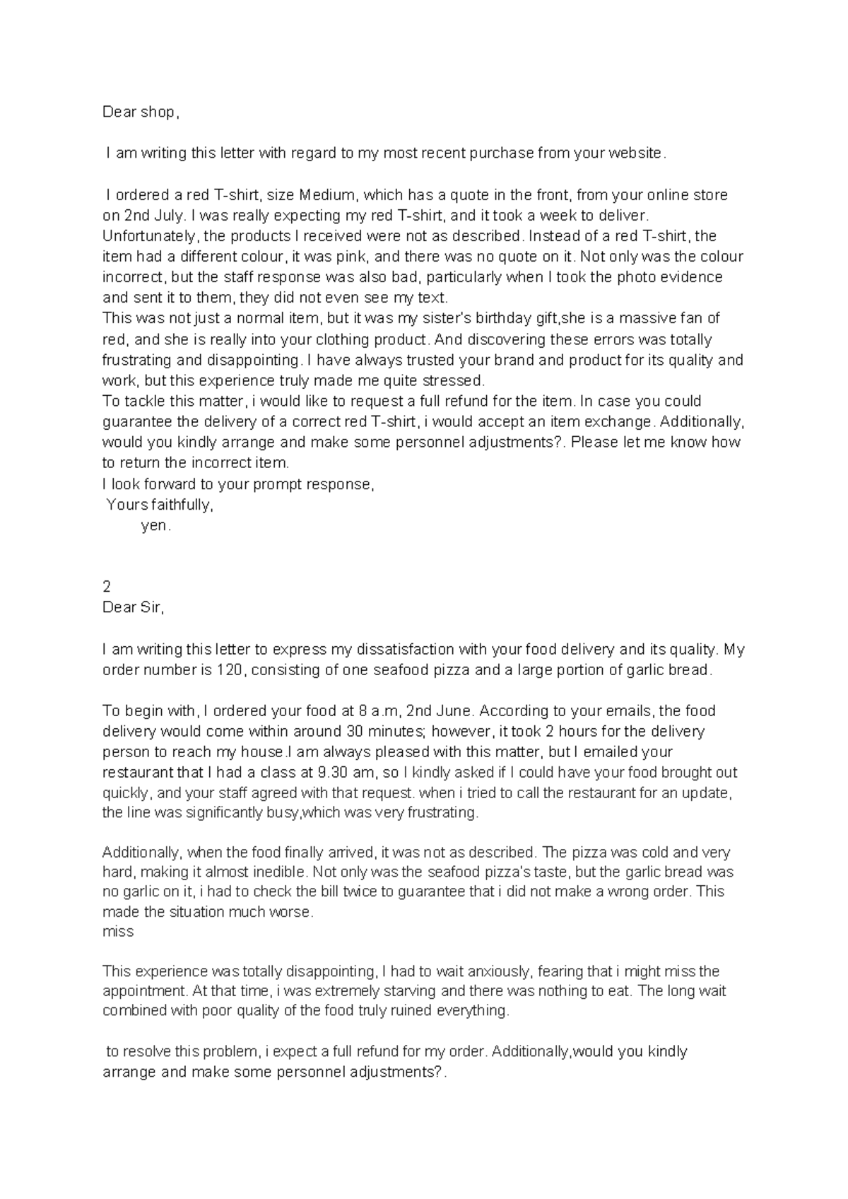 Customer Complaint Letters: Refund Requests for Order Issues - Studocu