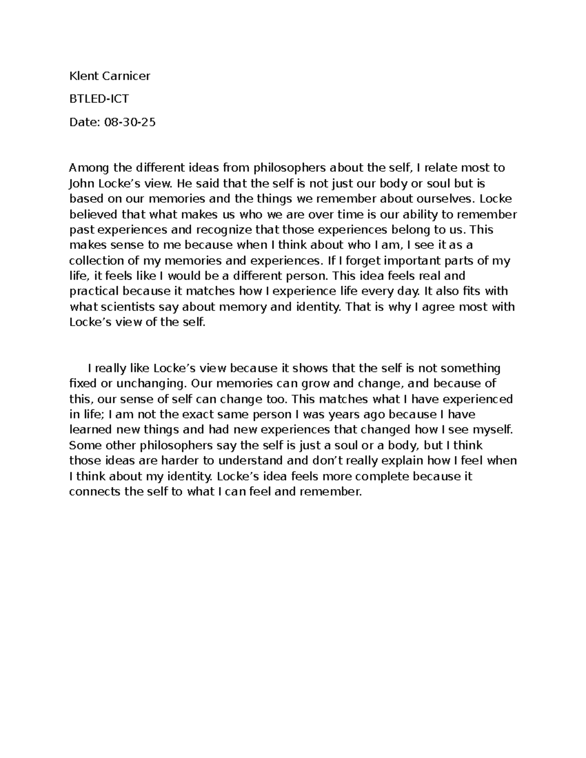 PHIL 101: Exploring John Locke's Concept of the Self and Memory - Studocu