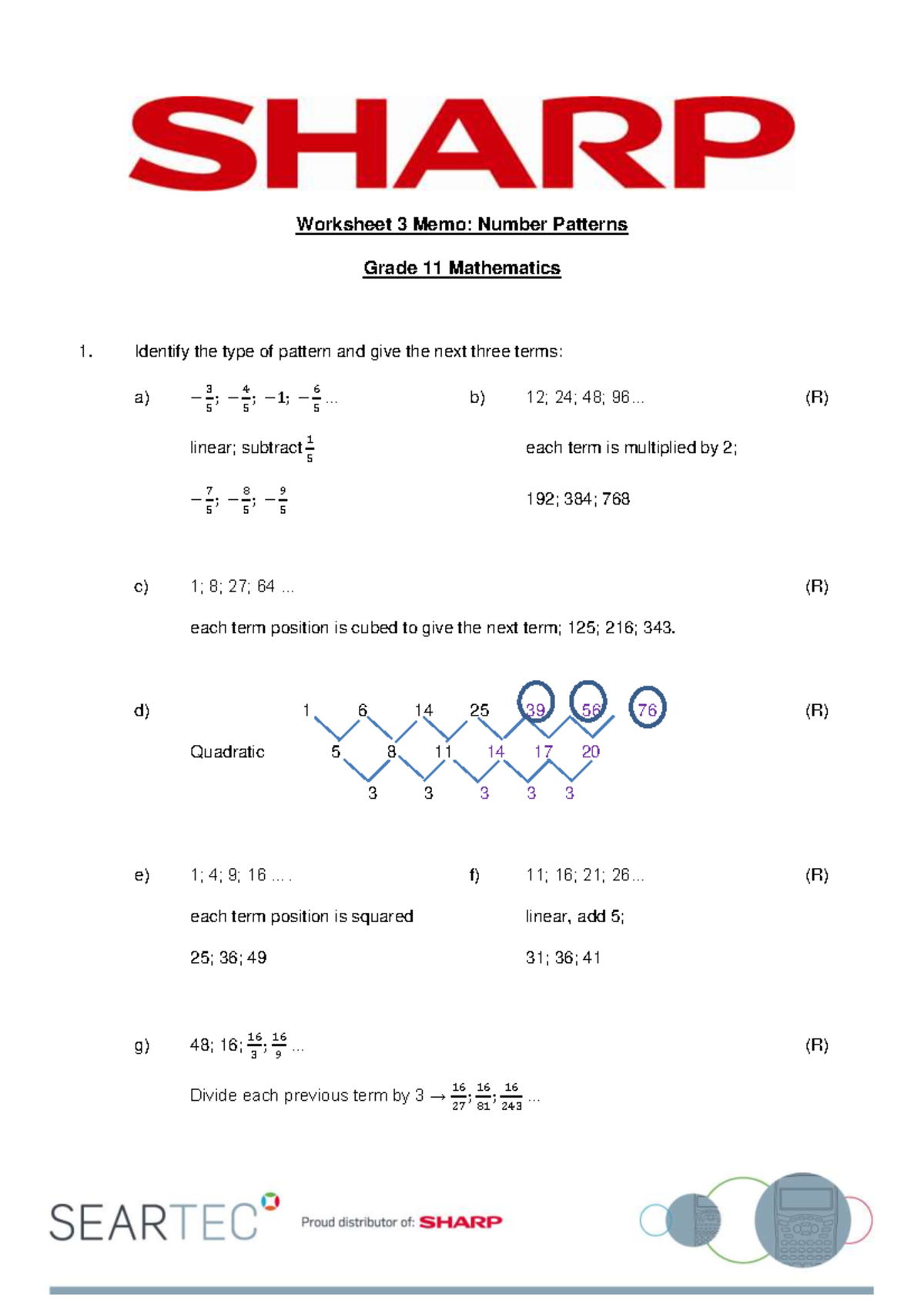 Grade 11 Math Worksheet 3 Memo: Exploring Number Patterns - Studocu