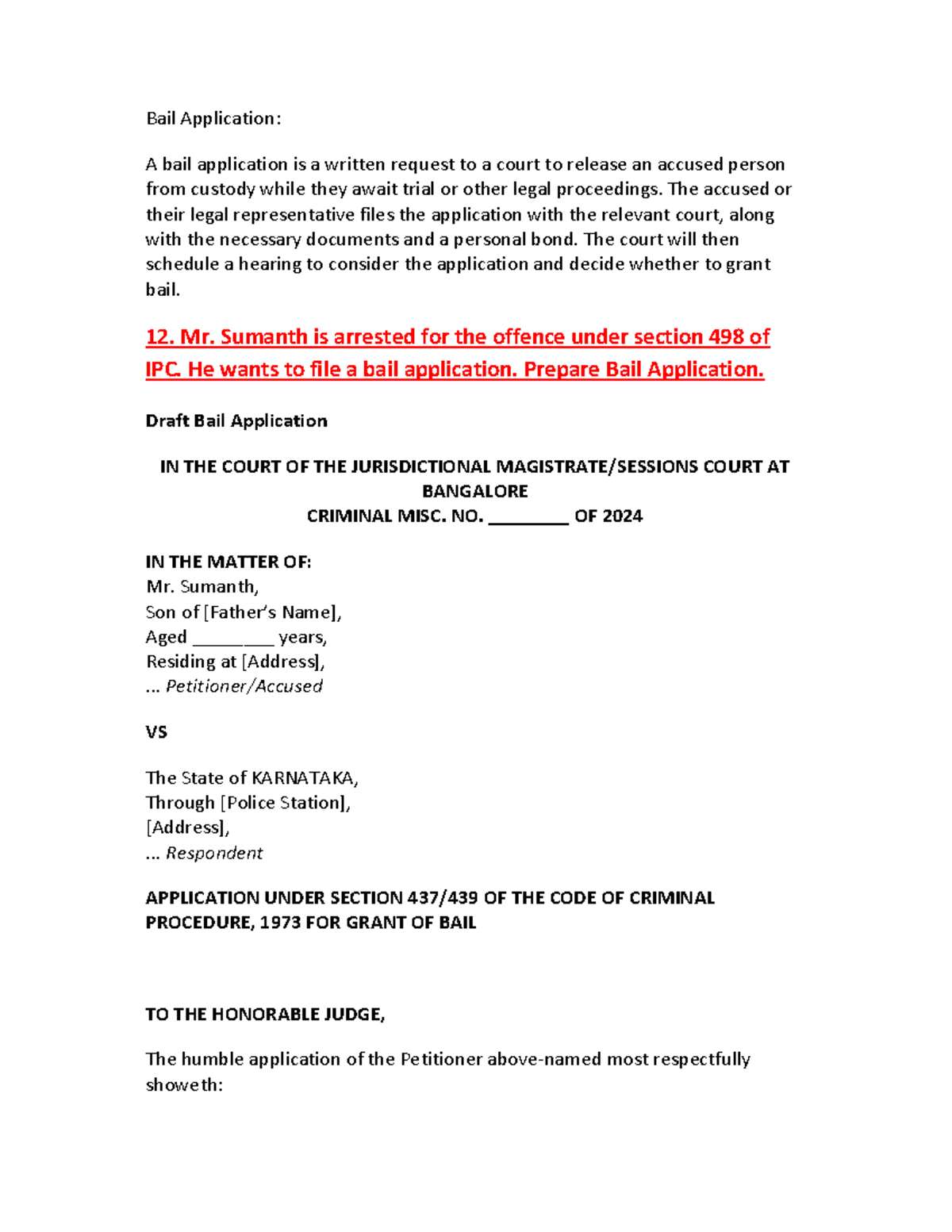 Bail Application Draft for Section 498A IPC - Legal Notes - Studocu
