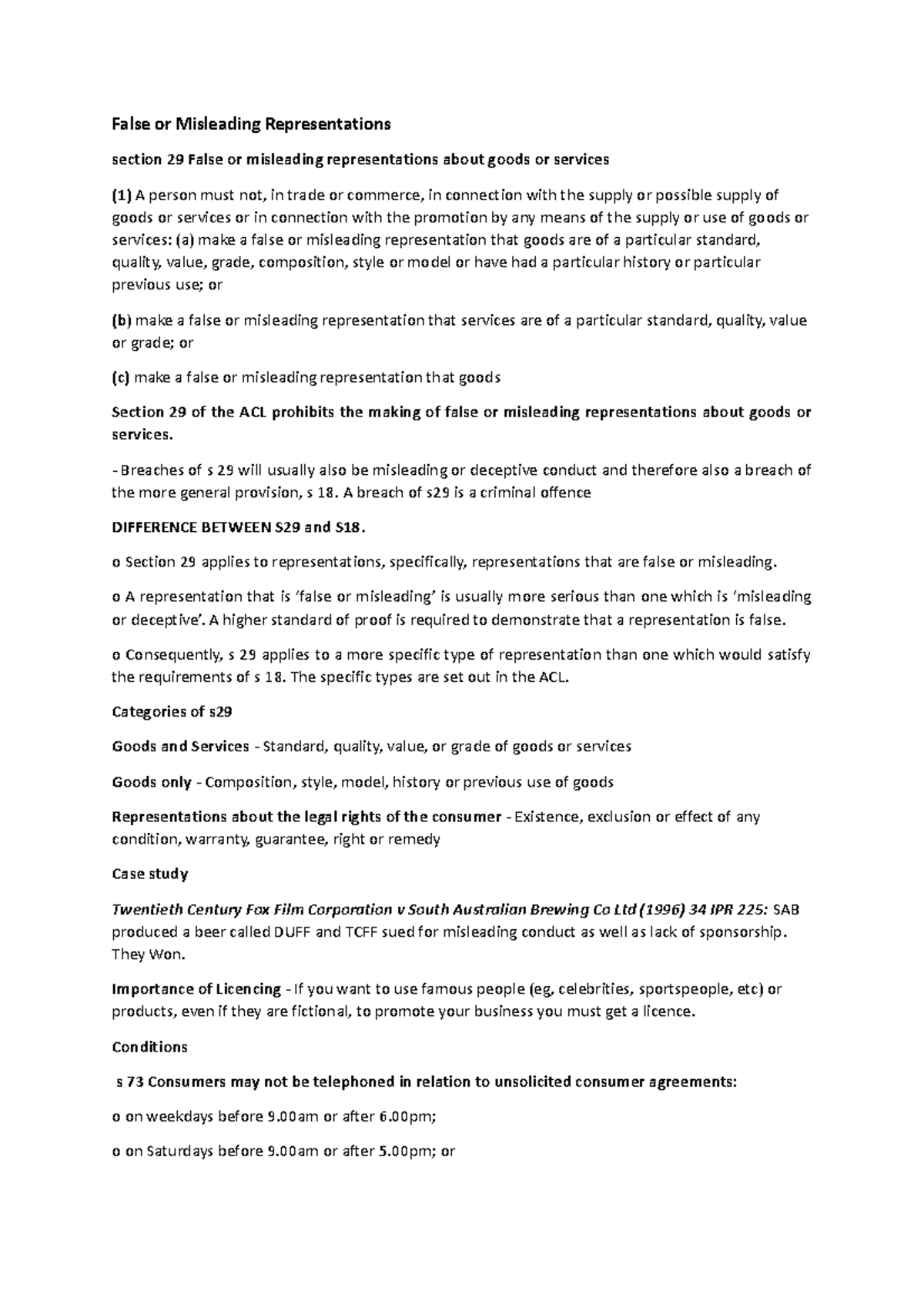 Summary of False or Misleading Representations - Legal Insights - Studocu