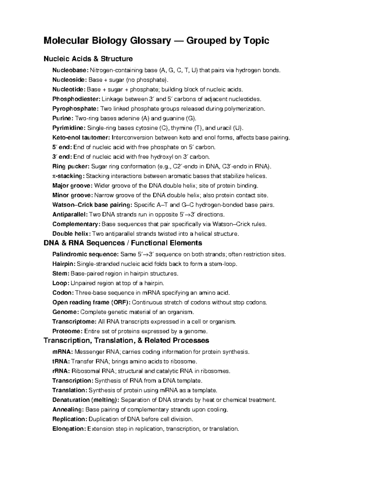 Molecular Biology Terms Glossary (BIOL 101 Final Exam Review) - Studocu