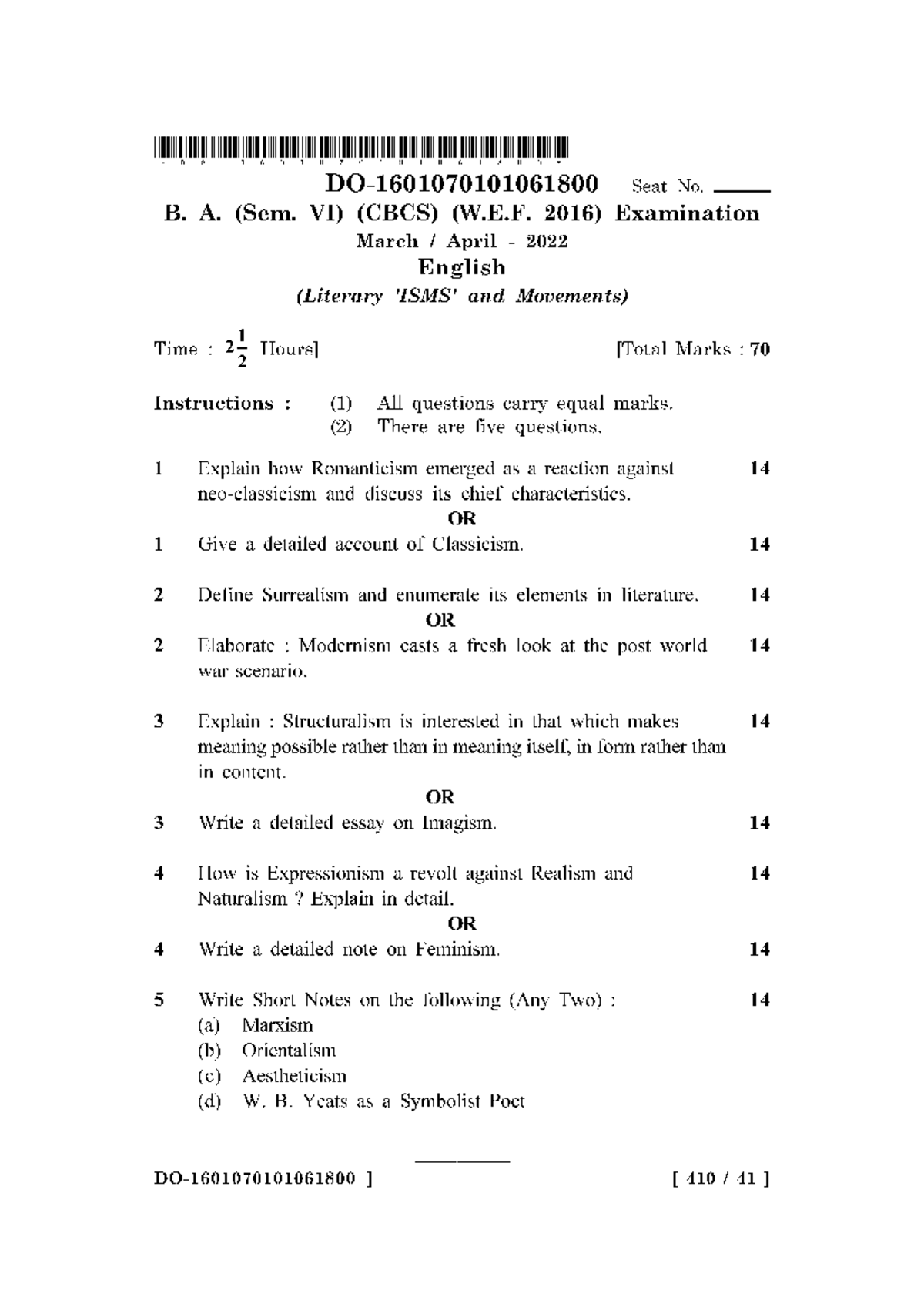 B A Sem 6 External March 2022 ENG P 18 Literary ‘ISMS’ & Movements ...