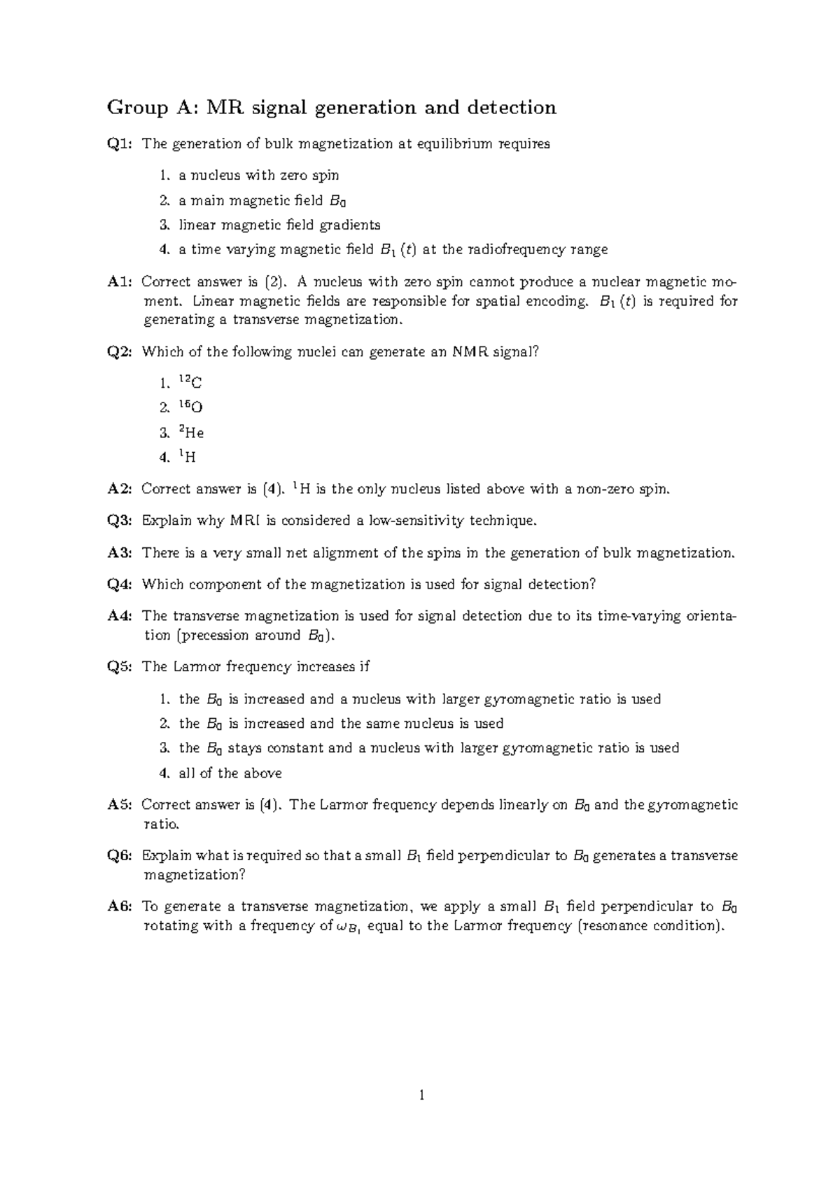 MR quiz with answers - Group A: MR signal generation and detection Q1 ...