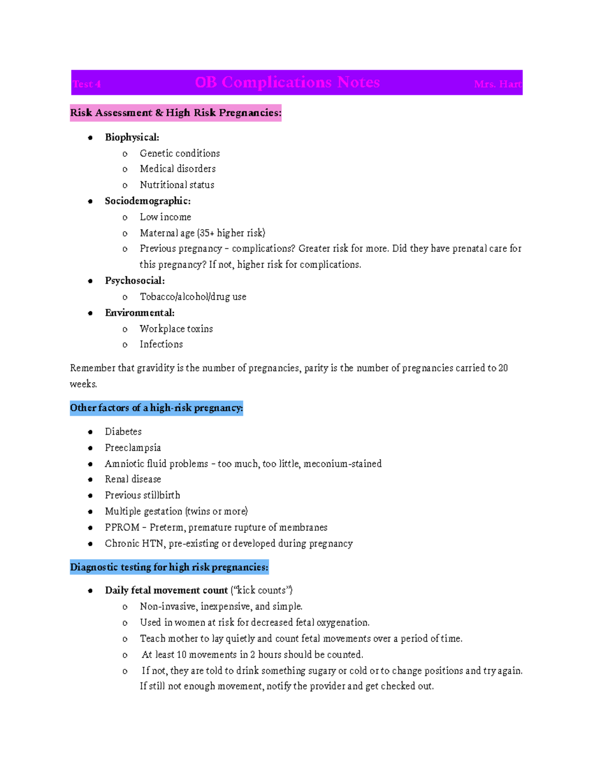 OB Complications Lecture Notes - Test 4 OB Complications Notes Mrs ...