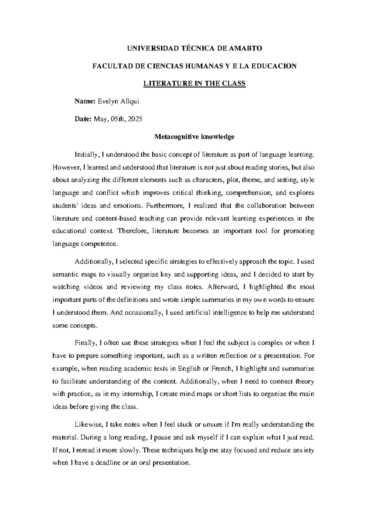 Metacognitive Knowledge in Literature: Strategies for Language Learning ...