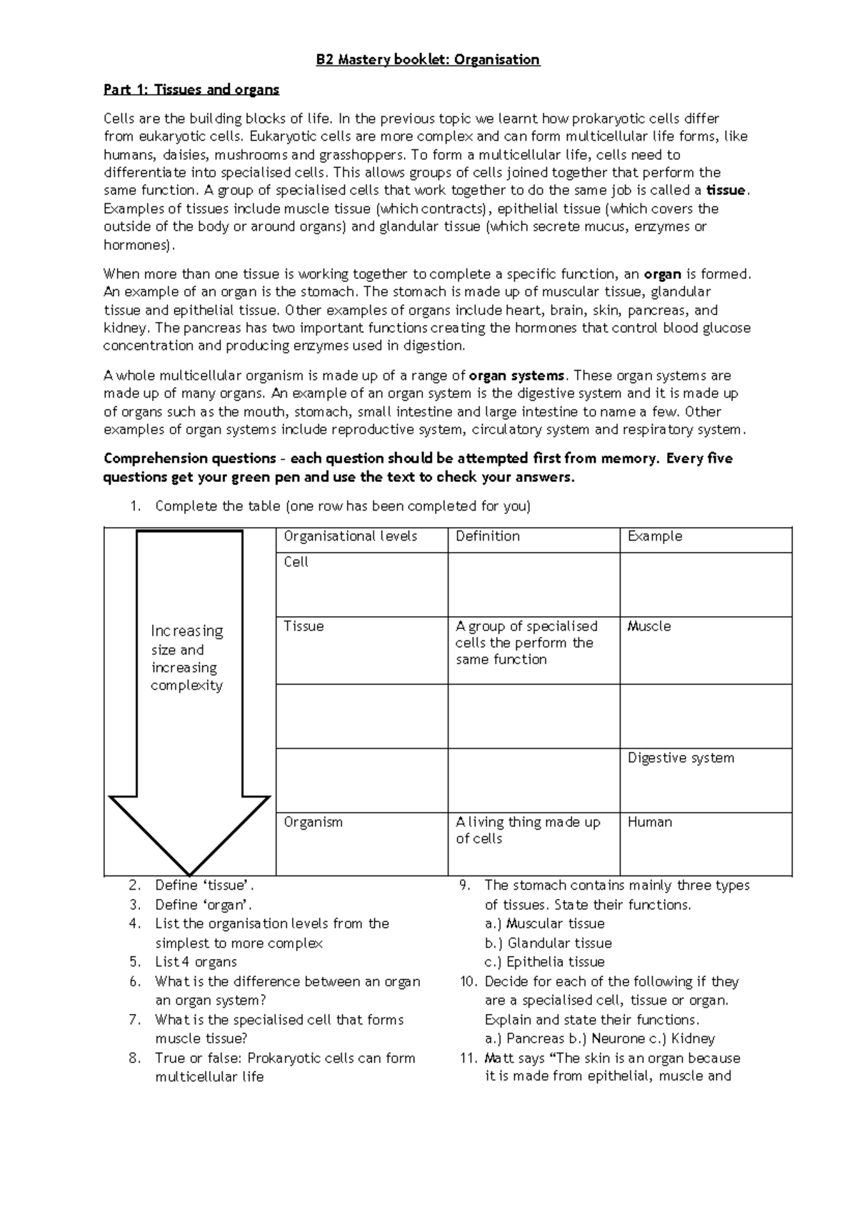 Biology B2 Mastery Booklet: Tissues, Organs, and Systems Overview - Studocu