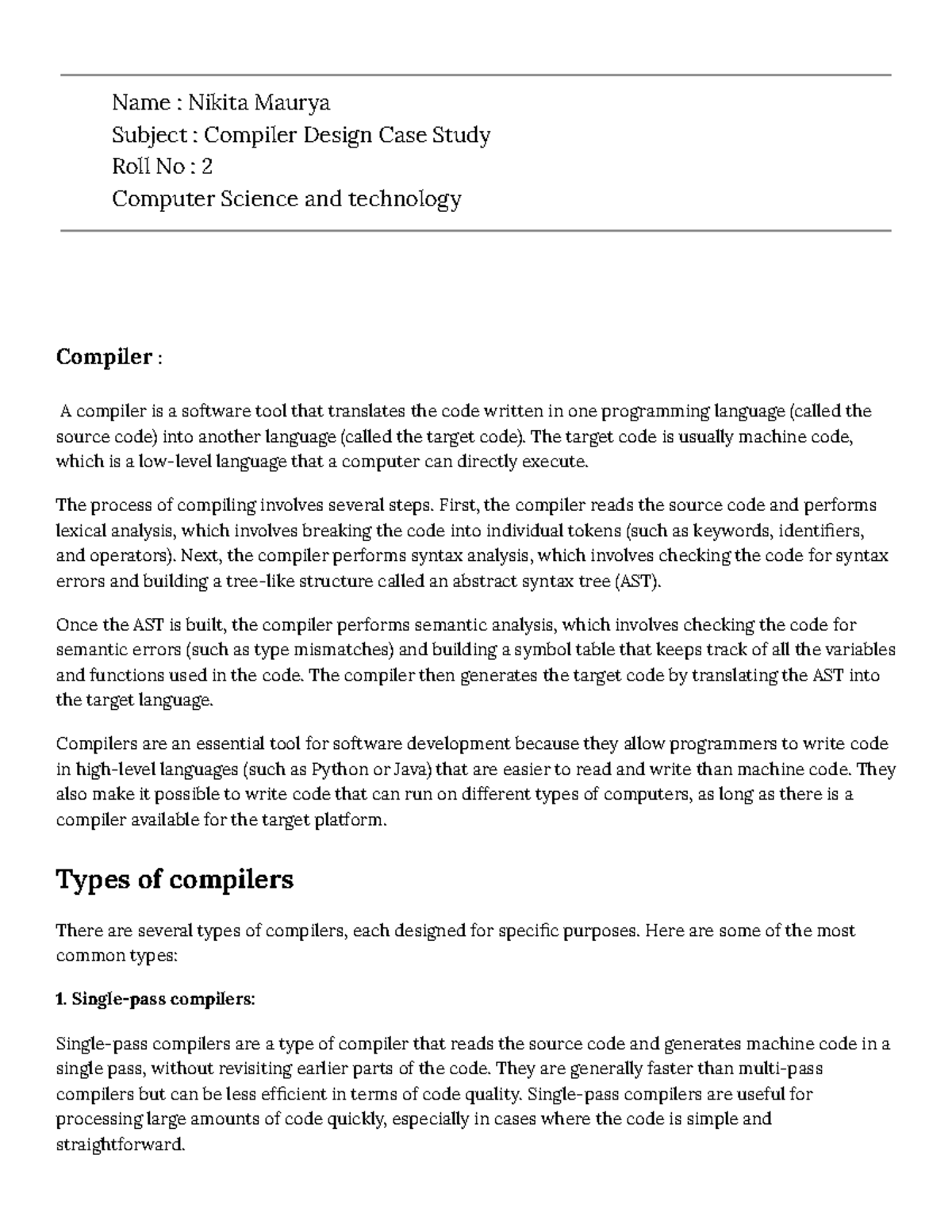 Compiler Design Case Study (CST 101) - Phases & Types Explained - Studocu