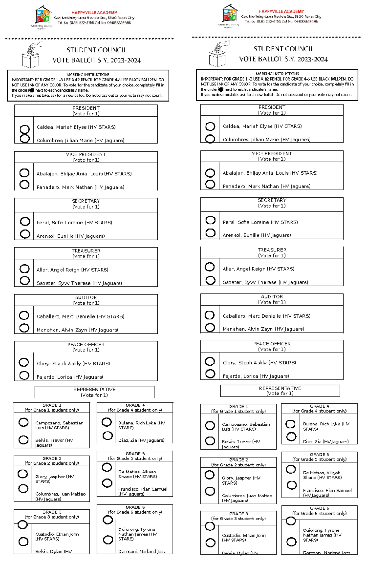 Ballot letter - PRESIDENT (Vote for 1) Caldea, Mariah Elyse (HV STARS ...