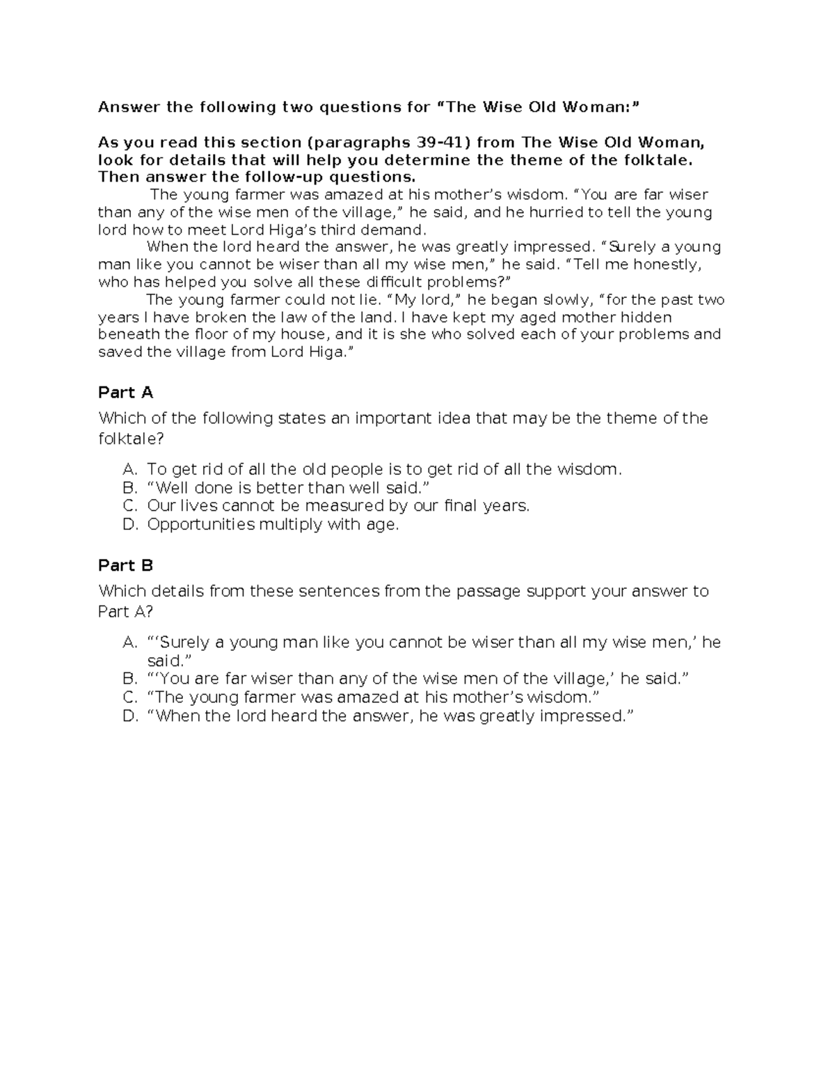 ENG 101: Homework Questions for "The Wise Old Woman" Folktale - Studocu