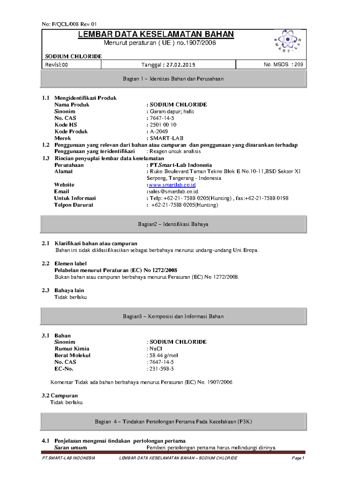 MSDS Sodium Chloride (NaCl) - Lembar Data Keselamatan Bahan - Studocu