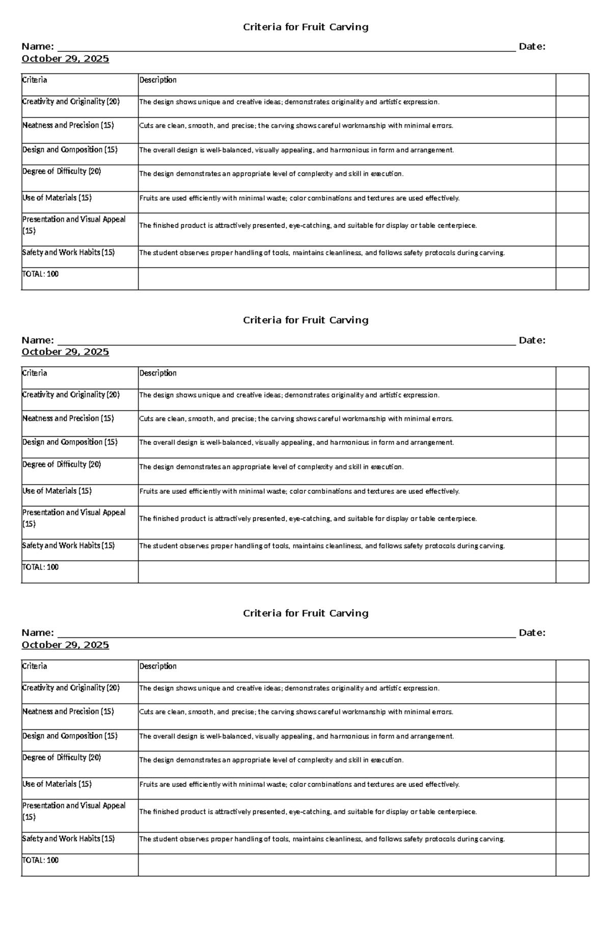 Fruit Carving Evaluation Criteria: Creativity & Skill Assessment - Studocu