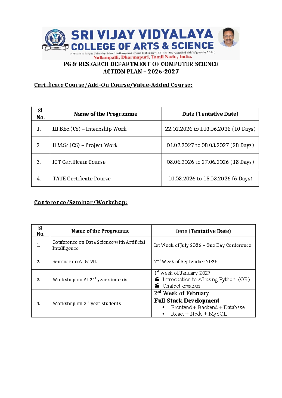 PG CS Dept Action Plan 2026-2027: Courses & Events Schedule - Studocu