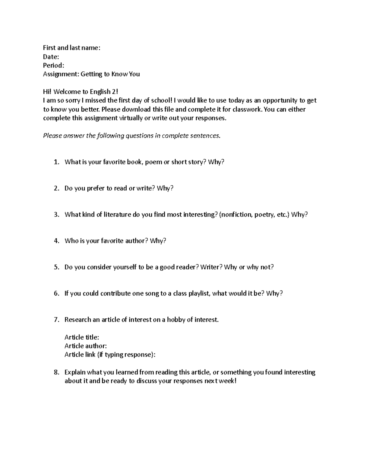 Getting to Know You Assignment - English 2 Activity - Studocu