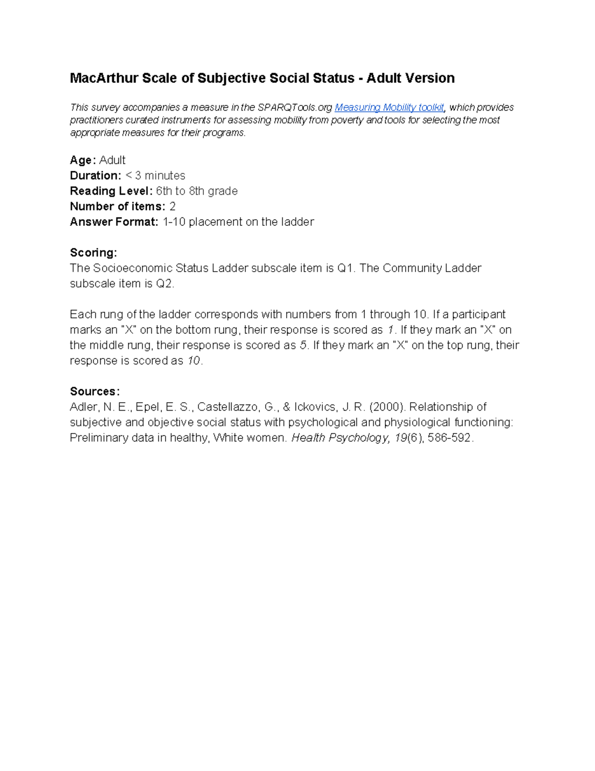 MacArthur Scale of Subjective Social Status: Adult Version Survey - Studocu